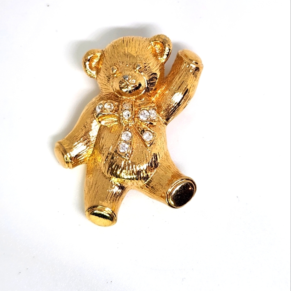 Vintage Avon Waving Teddy Bear Pendant Brooch Rhinest… - Gem